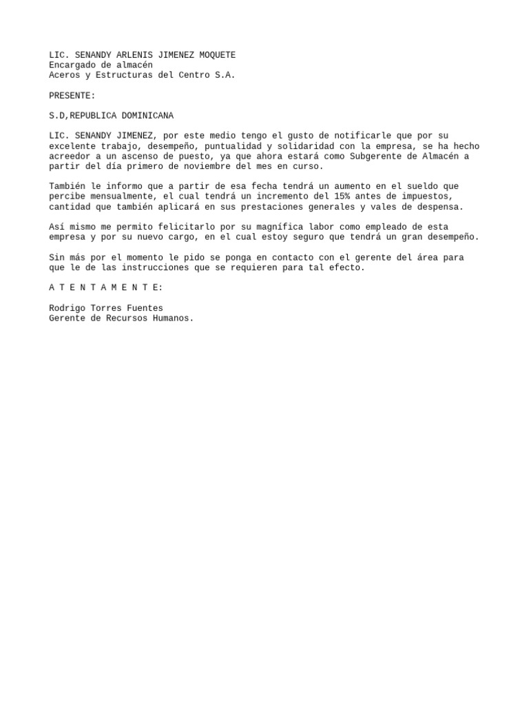 Carta De Intencion De Ascenso Laboral