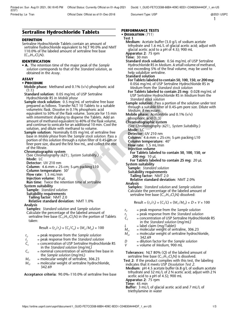 Sertraline Hydrochloride Tablets | PDF | Chromatography | Buffer Solution