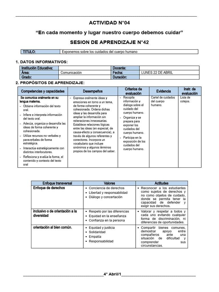 4º Sesiones Del 22 de Abril | PDF | Evaluación | Agua