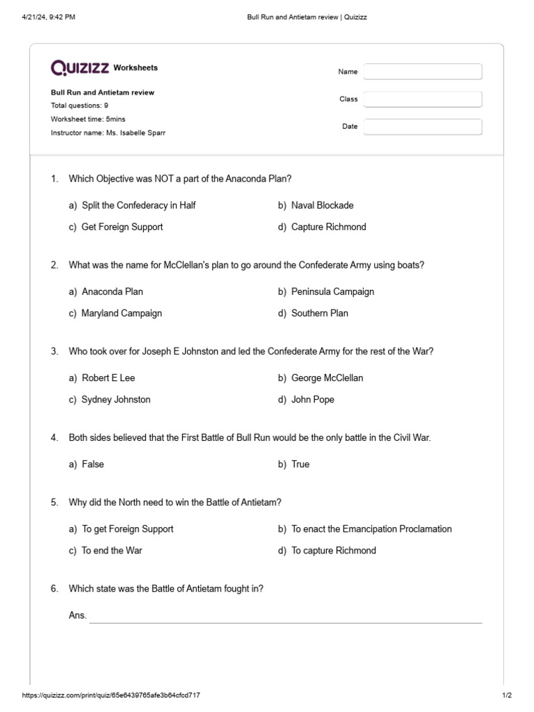 Bull Run and Antietam Review Quizizz | Download Free PDF | George B. Mc ...