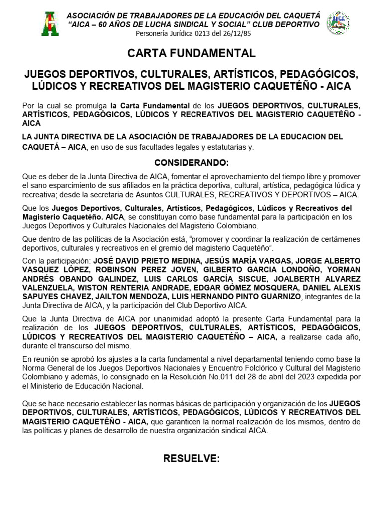 CARTA FUNDAMENTAL JUEGOS MAGISTERIO CAQUETEÑO AÑO 2023 - APROBADA Por JD de AICA (1) Version ...