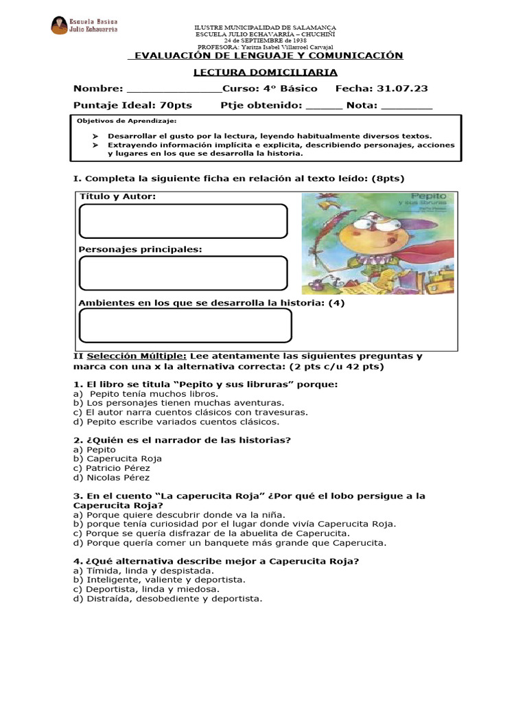 Prueba Lectura Pepito y Sus Libruras 4° 23 | PDF | Blanco como la nieve | Caperucita Roja