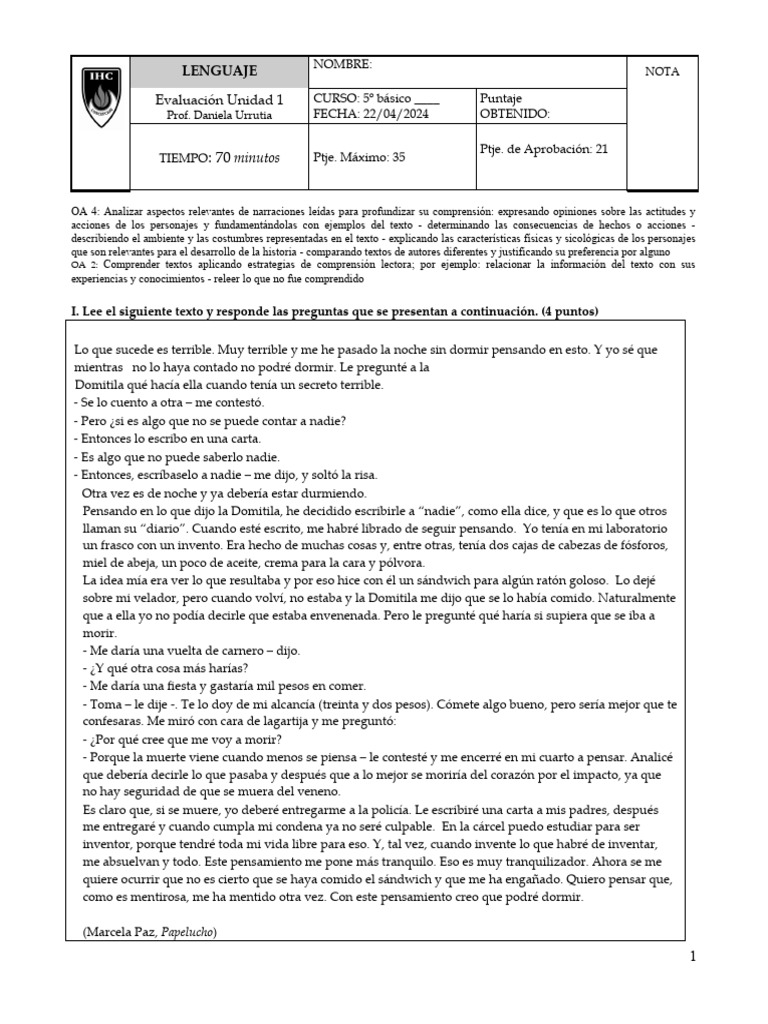 prueba- 5º básico - narración | PDF | Narración | Rachel