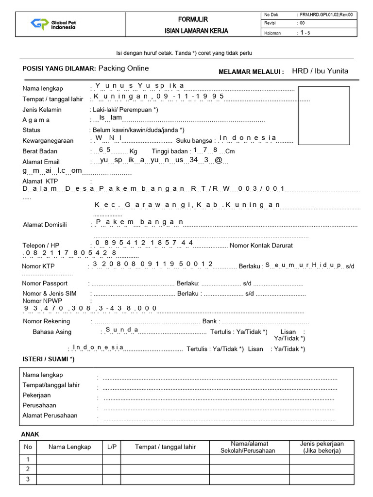 Form Isian Lamaran Kerja | PDF