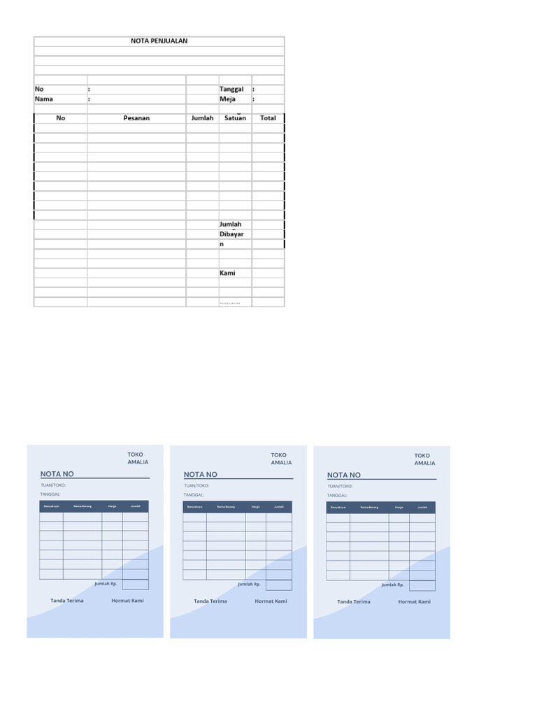 Template Nota Penjualan Excel Gratis | PDF