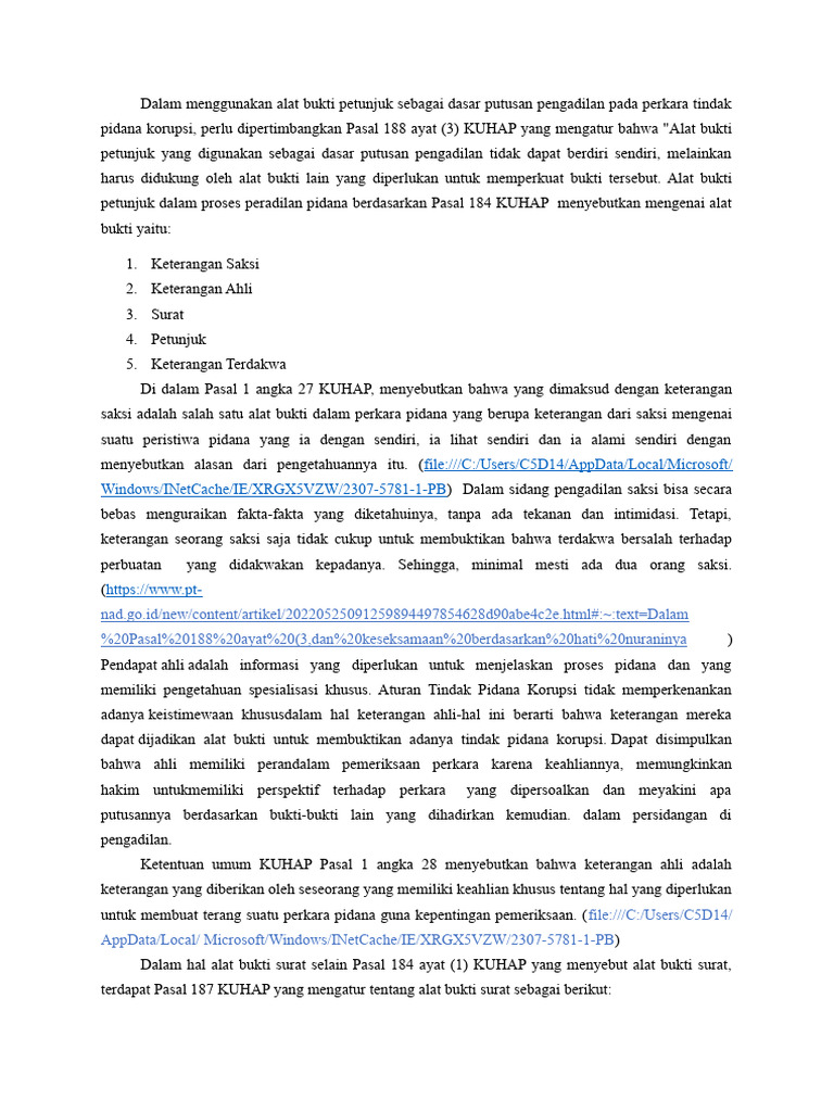 Penggunaan Alat Bukti Petunjuk Sebagai Dasar Putusan Pengadilan Pada Perkara Korupsi | PDF