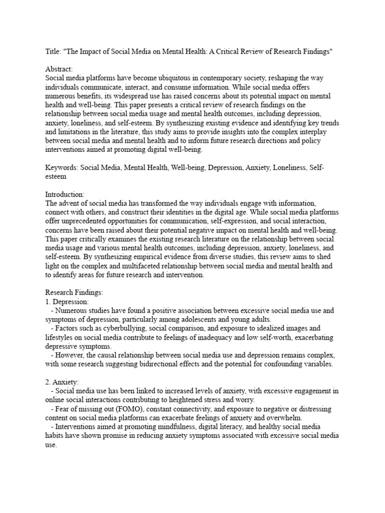 The Impact of Social Media On Mental Health - A Critical Review of ...
