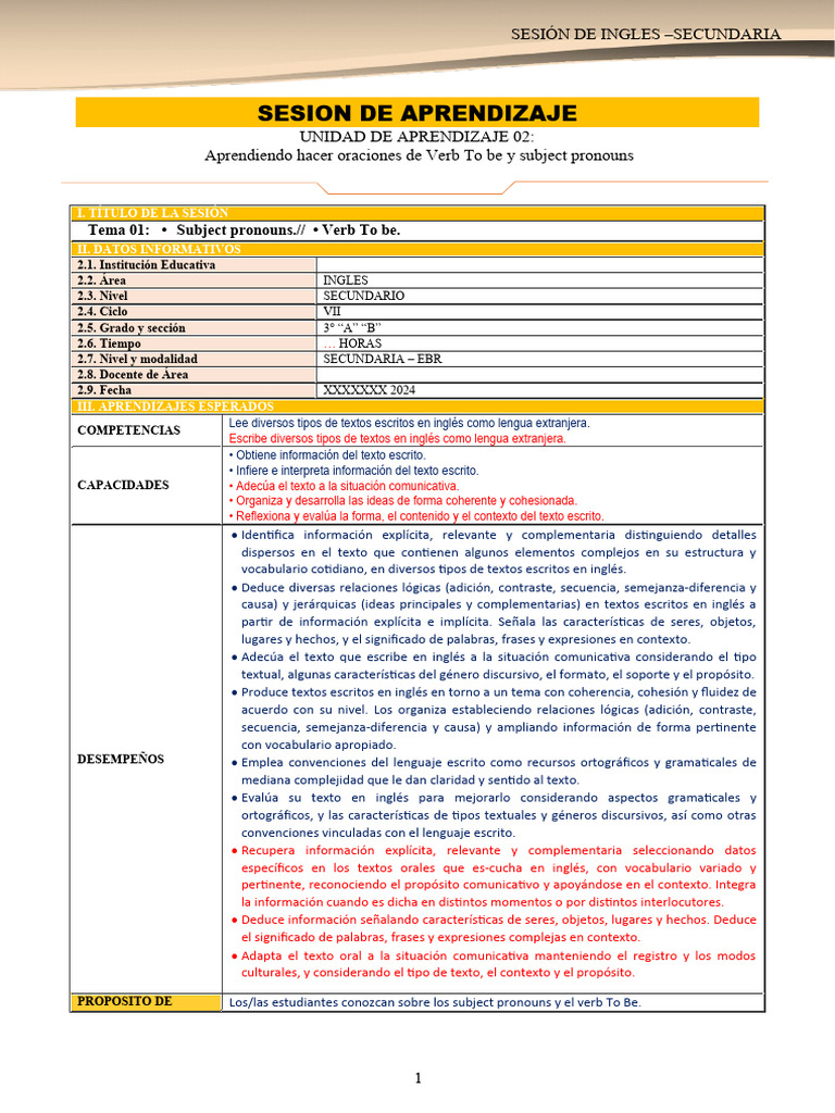3° Sec. Sesion Actv 01 Ingles 2024 | Descargar gratis PDF | Enseñando | Aprendizaje