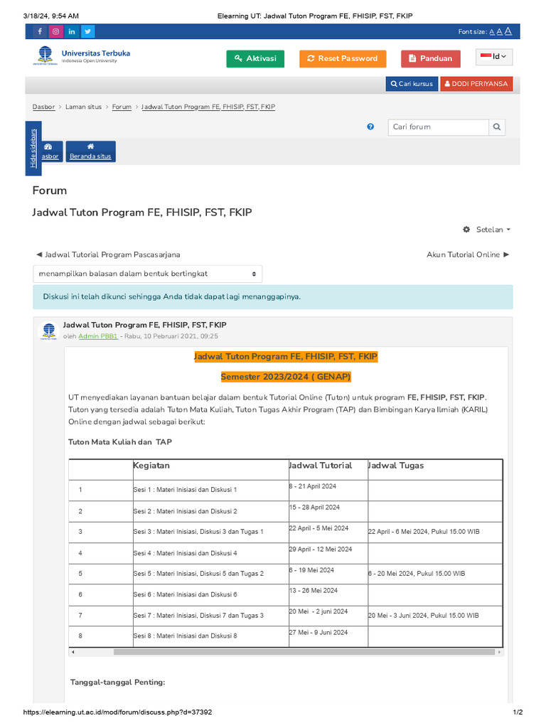 Elearning UT - Jadwal Tuton Program FE, FHISIP, FST, FKIP | PDF