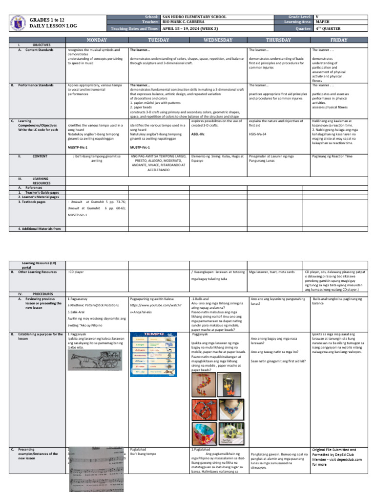 DLL - Mapeh 5 - Q4 - W3 | PDF