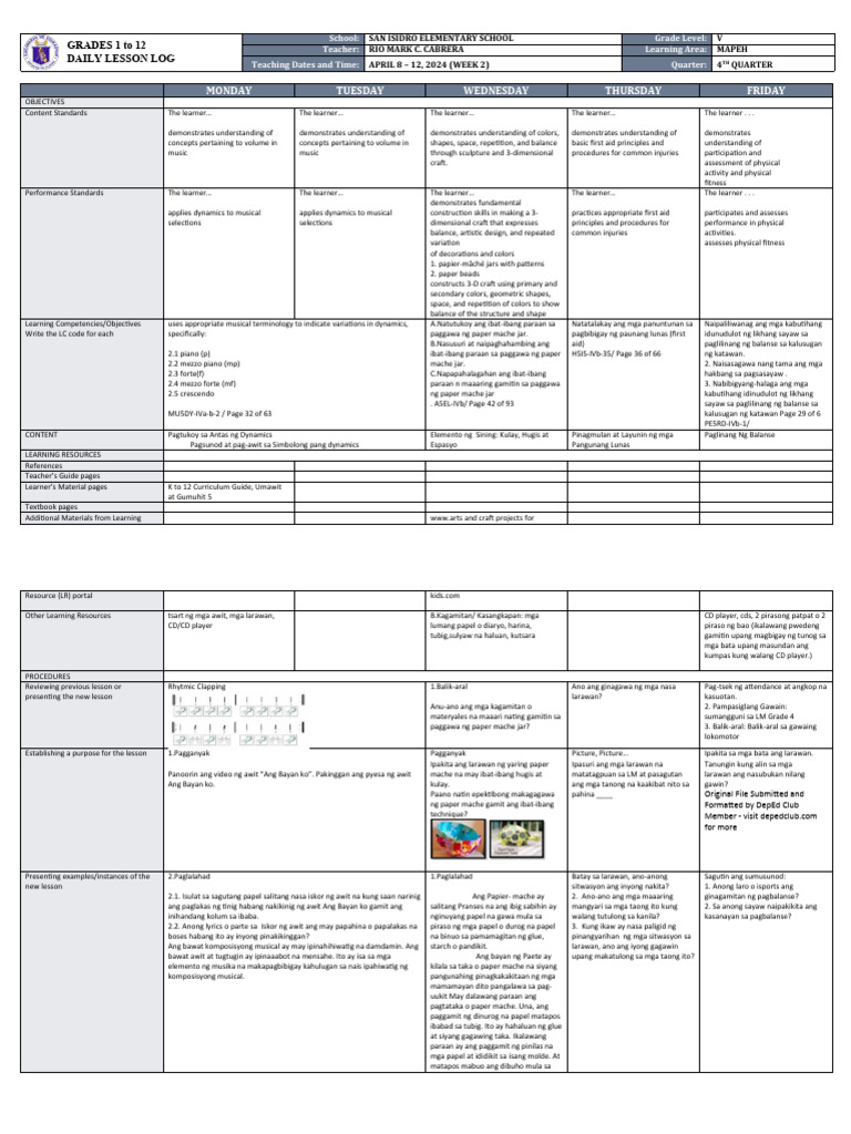DLL - Mapeh 5 - Q4 - W2 | PDF