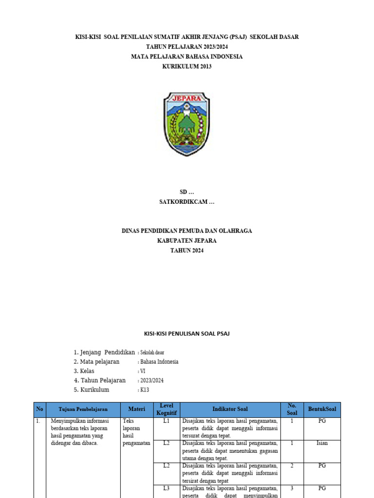 7 Kisi-Kisi Psaj B.indonesia 2023-2024 | PDF