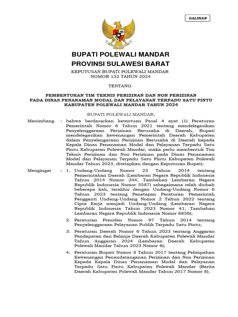 SK Tim Teknis Pelayanan Terpadu Satu Pintu 2024 | PDF