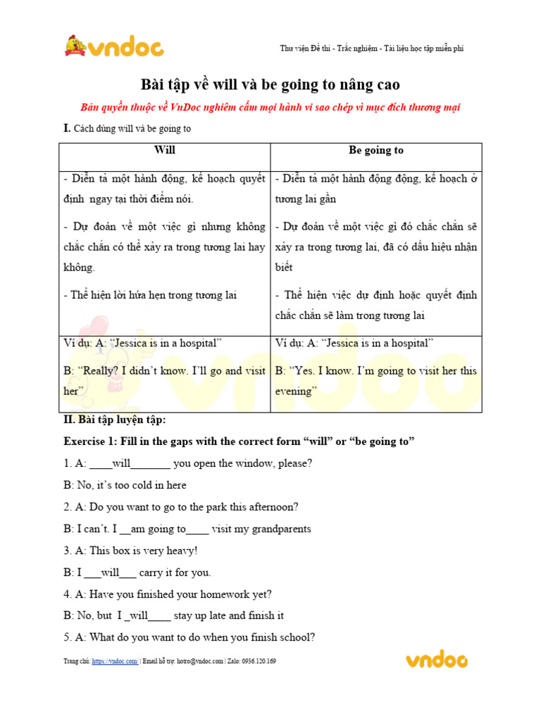 Advanced Exercises on Will vs. Going To | PDF