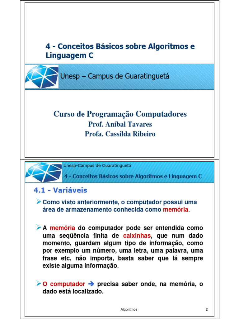 C Topico4 2013 Variaveis e Expressoes | PDF | Algoritmos | Tipo de dados