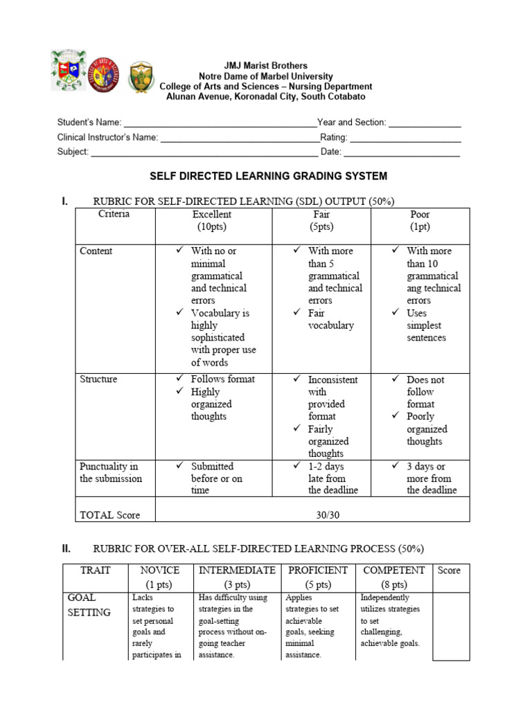 Self Directed Learning Grading System Rubrics | PDF | Learning | Goal Setting