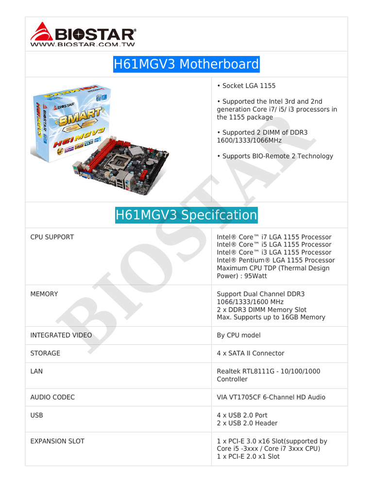 Biostar h61mgv3 Spec | PDF | Usb | Computer Hardware