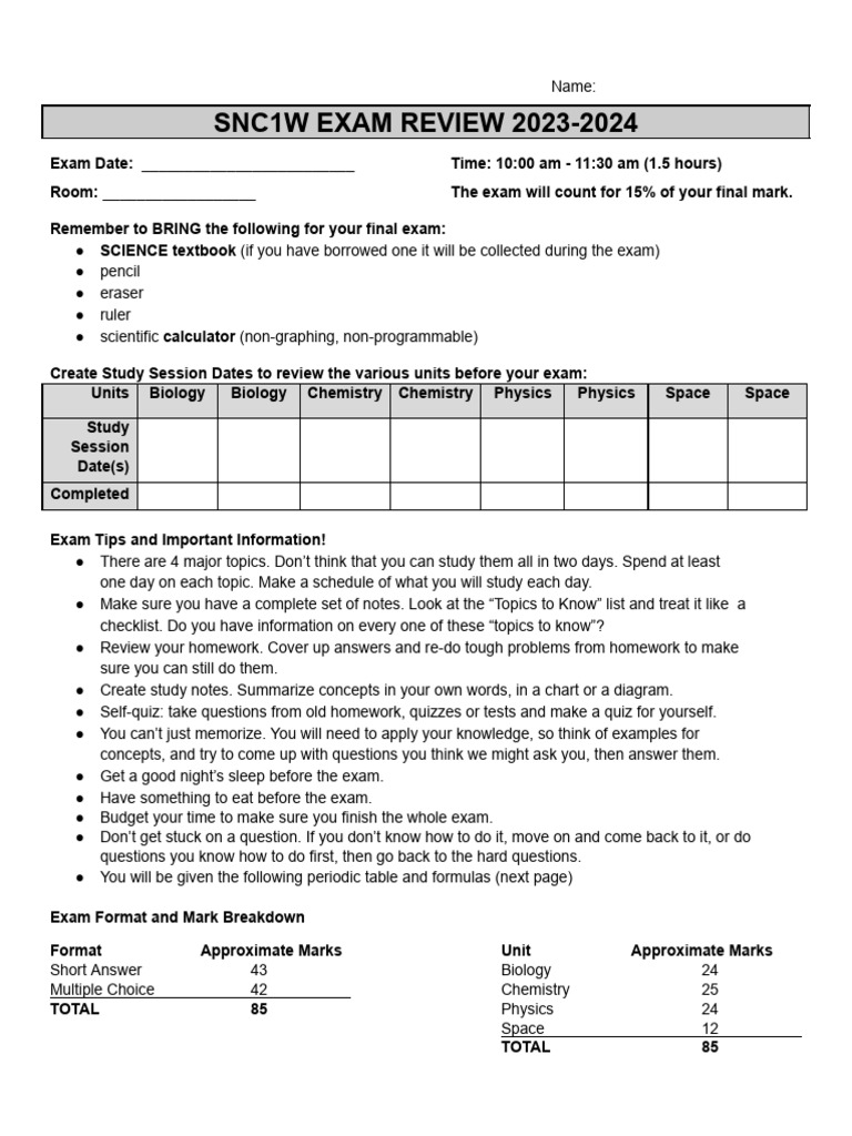 2023-2024 SNC1W Exam Review (No Textbook) | PDF | Atoms | Chemical Elements
