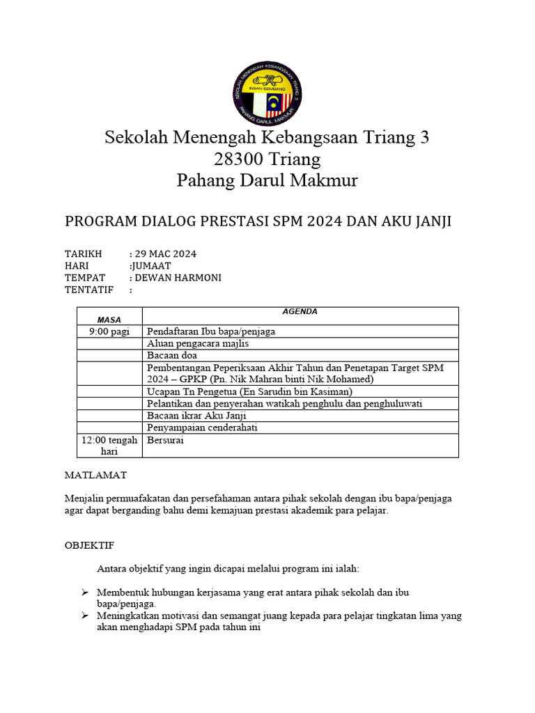 Program Dialog Prestasi SPM 2024 Dan Aku Janji | PDF