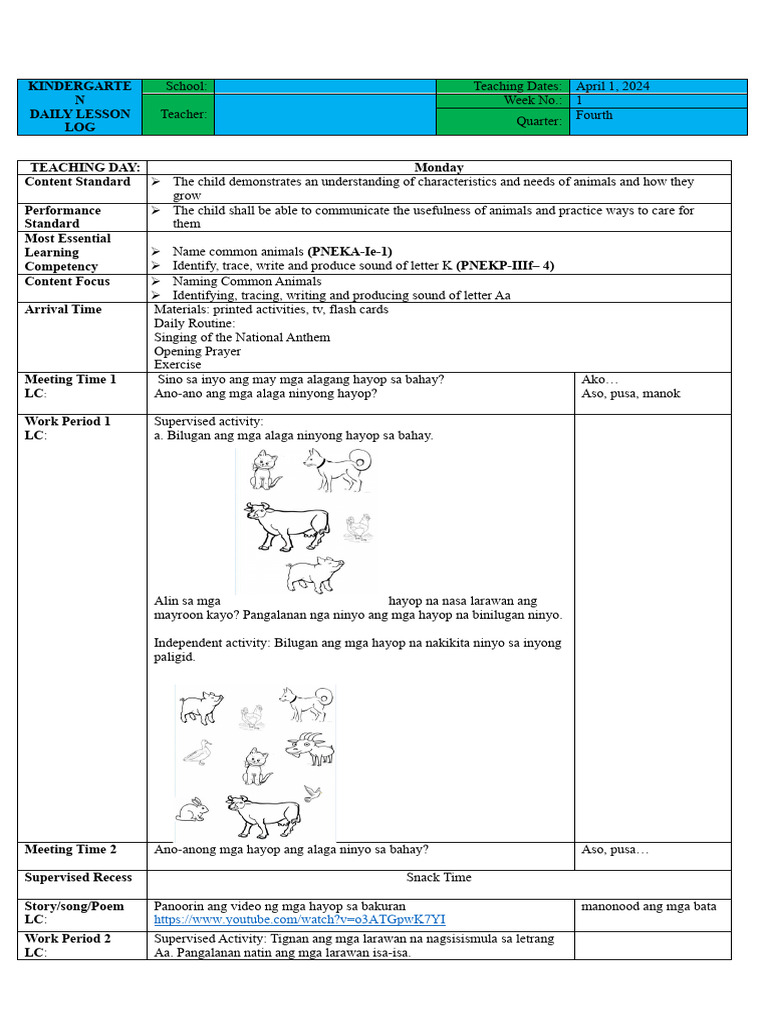 A. Lesson Log Kinder April 1 2024 | PDF | Education Theory | Teaching
