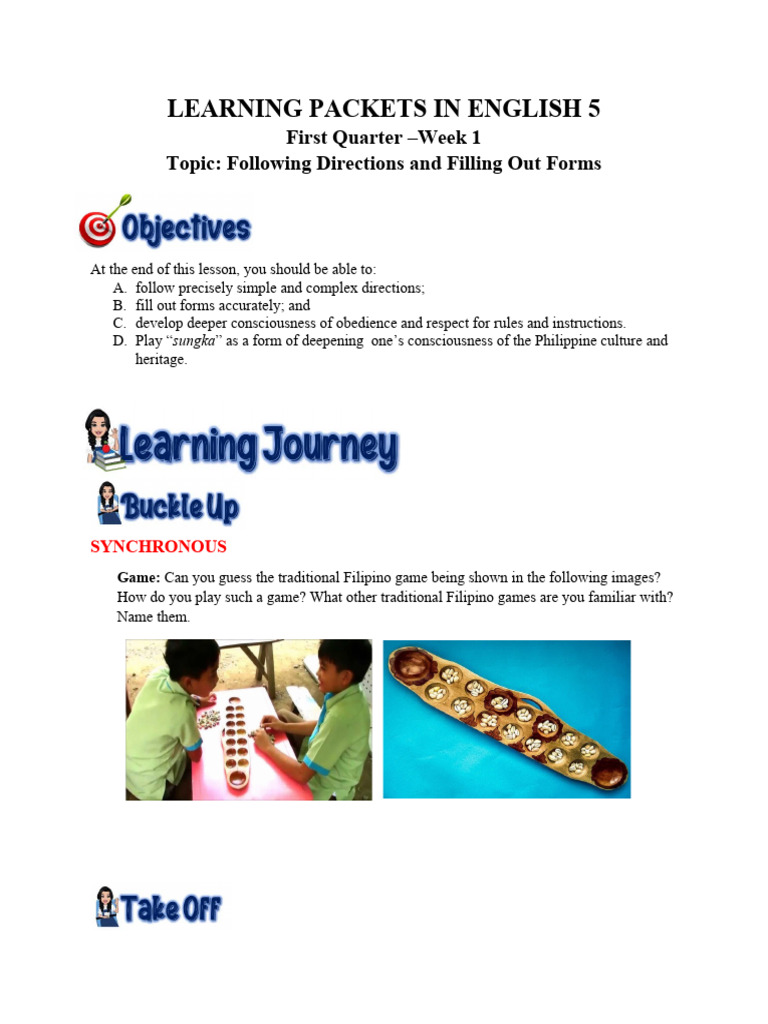 Learning Packet 1 in English-Following Directions | PDF