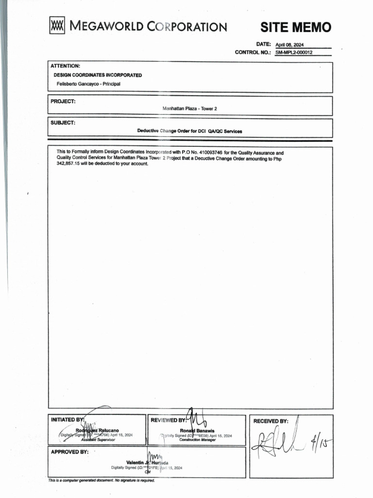 SITE MEMO (Deductive Change Order For DCI QAQC Services | PDF