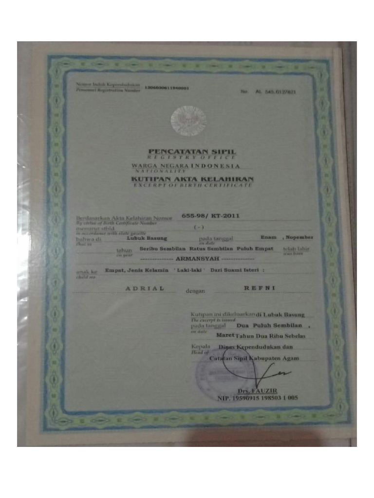 6833 File - Akta - Kelahiran 2023 08 10 204208 6565 Akta - Lahir - Arman | PDF