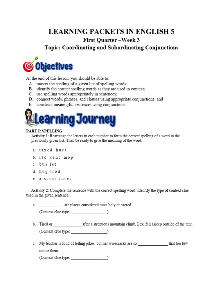 Learning Packet 3 in English-Conjunctions | PDF