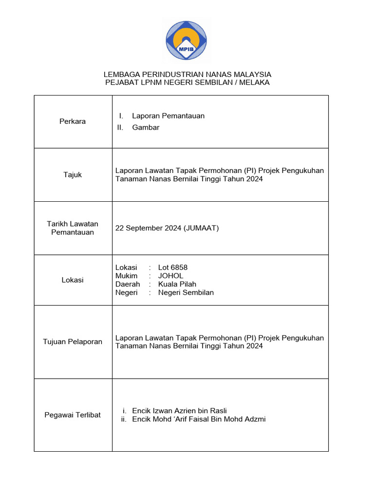 Laporan PI - Lawatan Permulaan | PDF