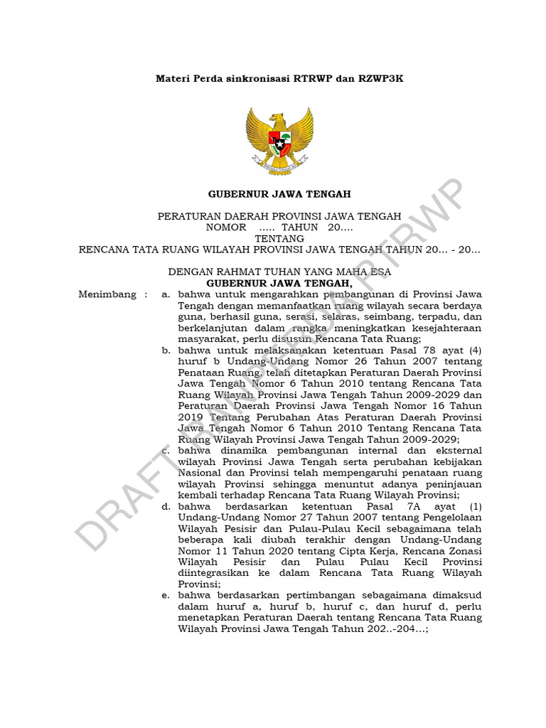 01.1 BAB I II DRAFT Perda Sinkronisasi RTRWP Dan RZWP3K 20221108 | PDF