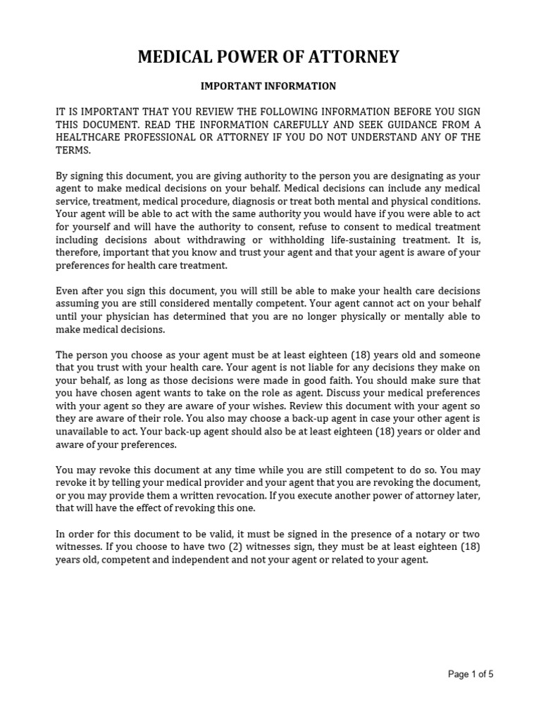 Medical Power of Attorney Form | PDF | Power Of Attorney | Notary Public