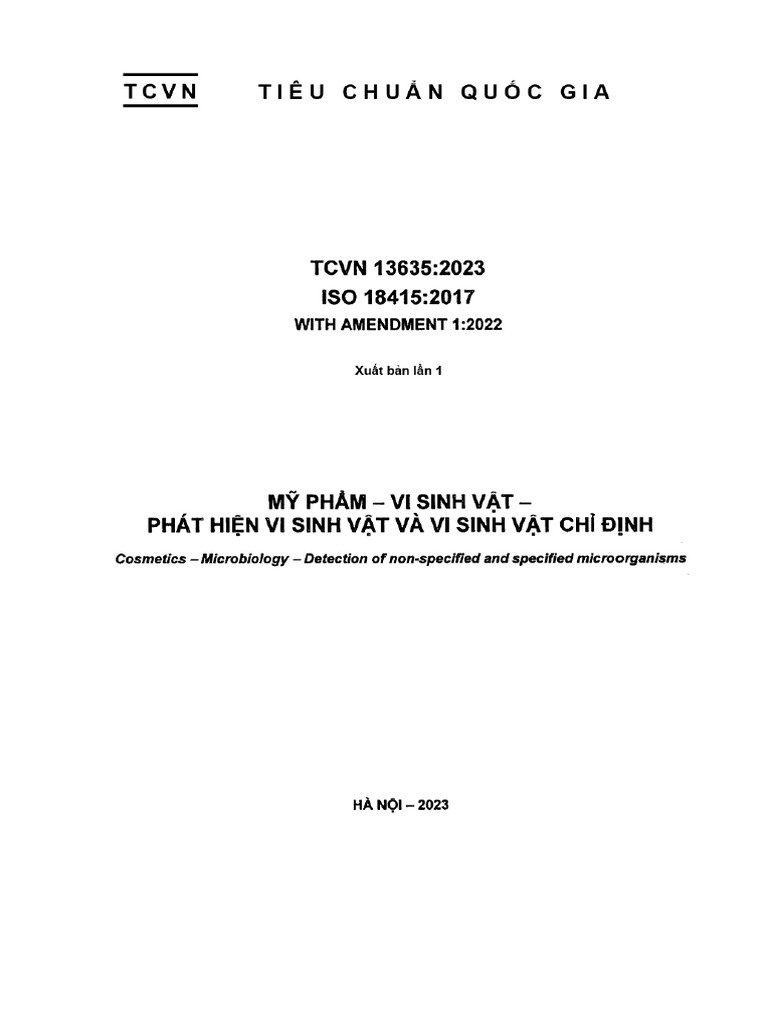Tieu Chuan TCVN 13635 2023 My Pham VI Sinh Vat Phat Hien VI Sinh Vat Va VI Sinh Vat Chi Dinh | PDF