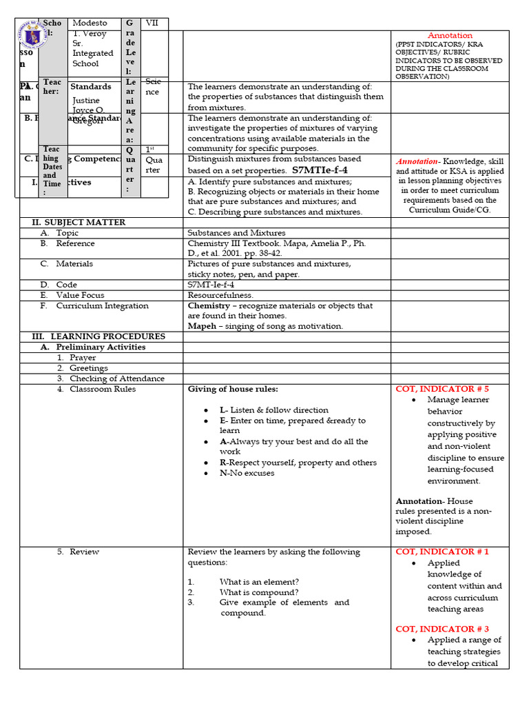 Science 7 COT Q1 | PDF | Mixture | Learning