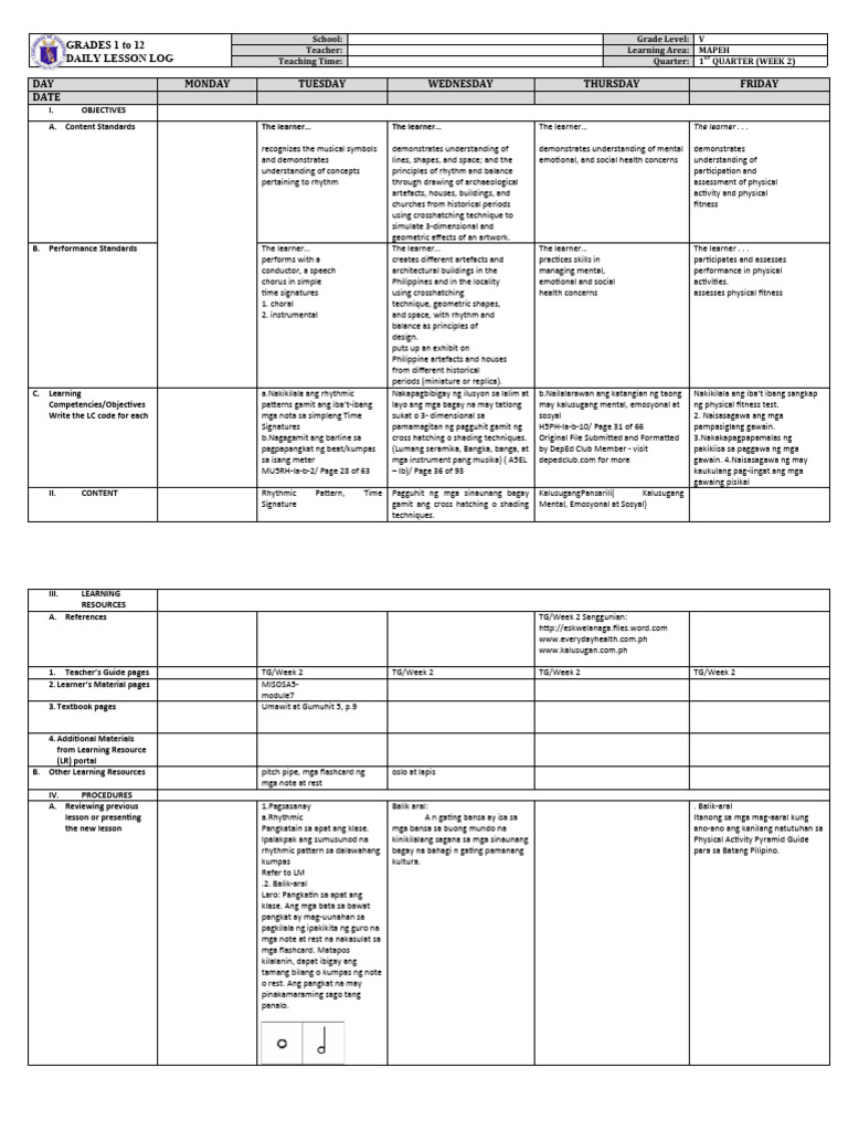 DLL - Mapeh 5 - Q1 - W2 | PDF