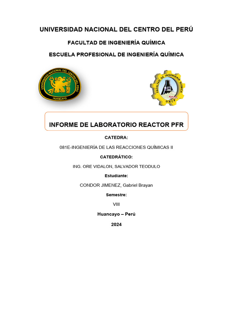PFR Reactor Informe CONDOR JIMENES, Gabriel | PDF | Reactor Quimico ...