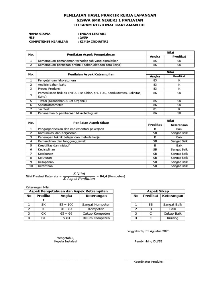 Blanko Penilaian Magang SMK 1 PANJATAN 2023 | PDF