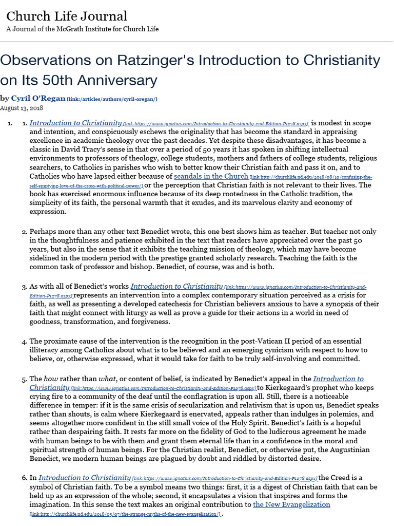 Observations On Ratzinger's Introduction To Christianity On Its 50th ...