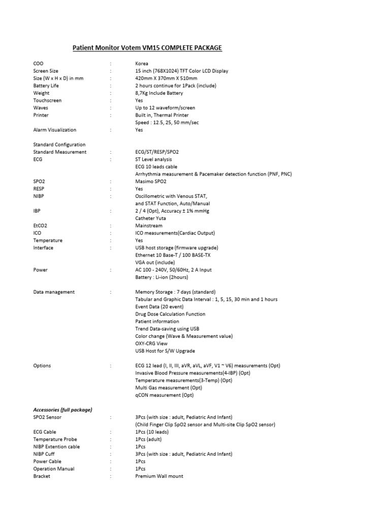 Spesifikasi Votem VM15 | PDF | Electrocardiography | Blood Pressure