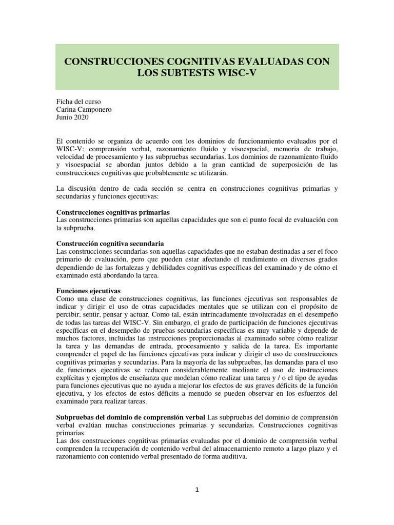 Construcciones cognitivas evaluadas con los subtests WISC-V | PDF ...