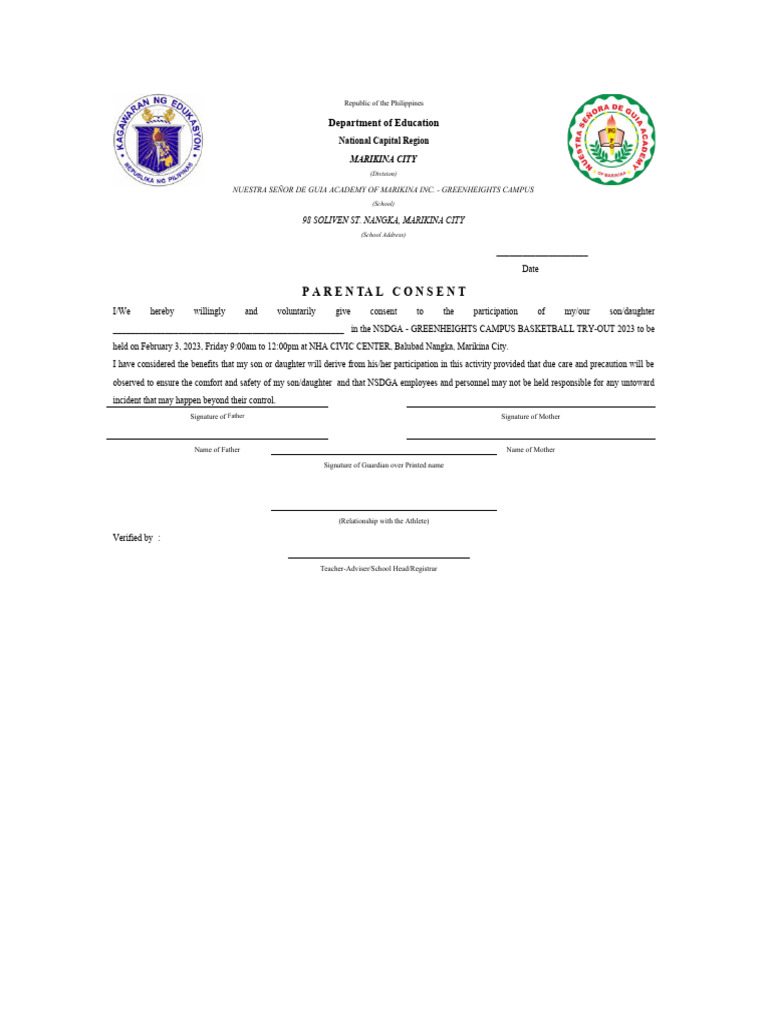 Basketball Try-Out Parental Consent | PDF