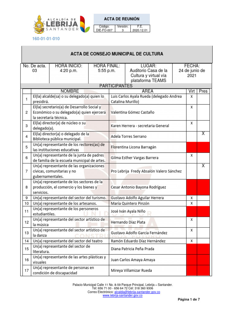 DIE-FO-007 ACTA 03 CONSEJO DE CULTURA 24 de Junio de 2021 | PDF