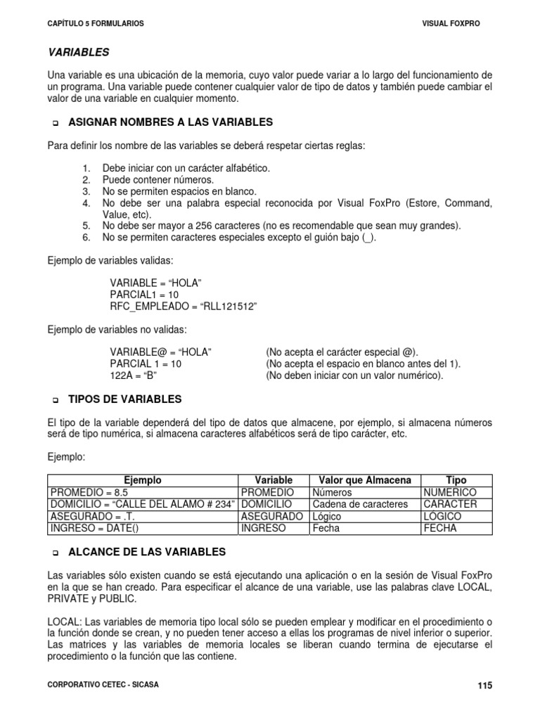 Variables en Visual FoxPro | PDF | Variable (informática) | Tipo de datos