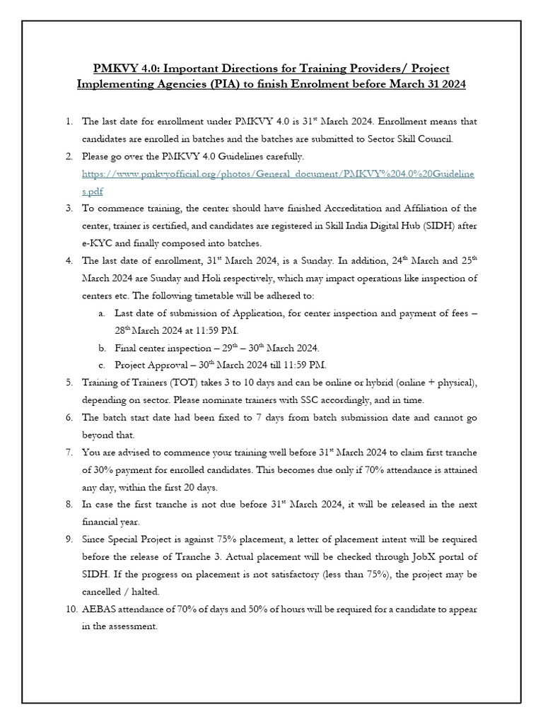 PMKVY 4.0 Enrollment Deadline and Guidelines | PDF