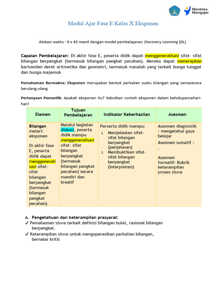 Modul Ajar Eksponen Kelas X | PDF | Karier & Perkembangan