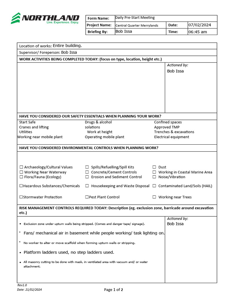 Daily Pre Start Meeting | PDF | Natural Environment | Environmental Issues