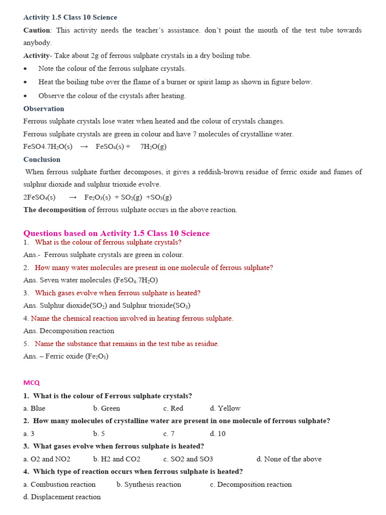 Questions Based On Activity 1.5 Class 10 Science | PDF | Chemical ...