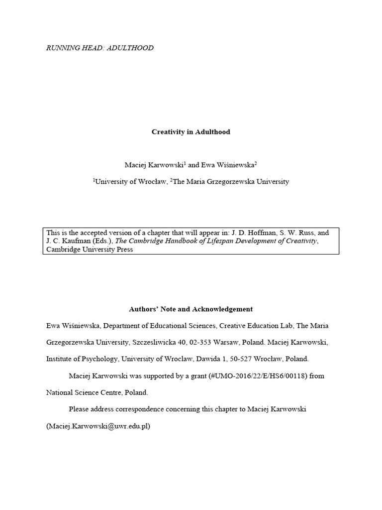 Creativity Development in Adulthood | PDF | Creativity | Self Efficacy