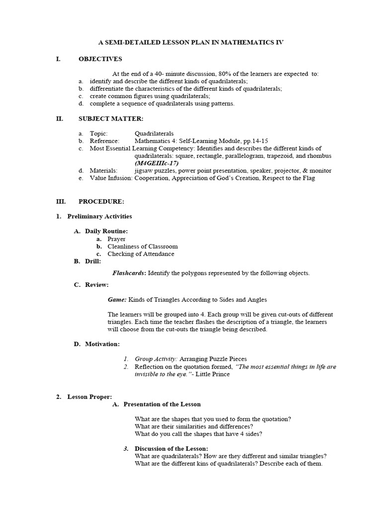 Division Demo Math4 Quadrilaterals Semi Detailed Lesson Plan | PDF ...