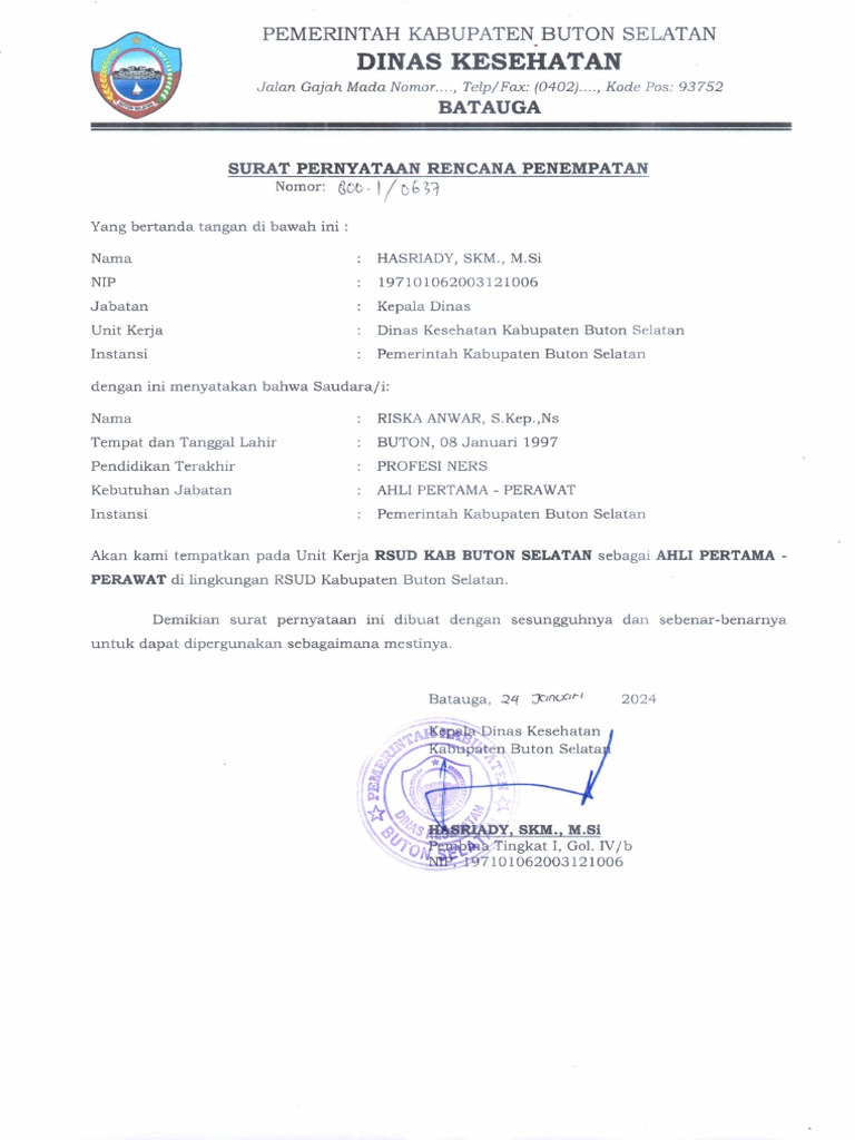Surat Pernyataan Rencana Penempatan Riska Anwar20240126 | PDF