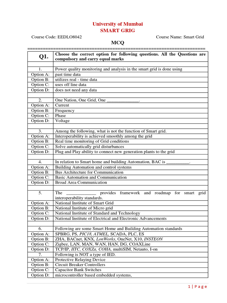 Smart Grid MCQs for Engineering Students | PDF | Computer Network ...
